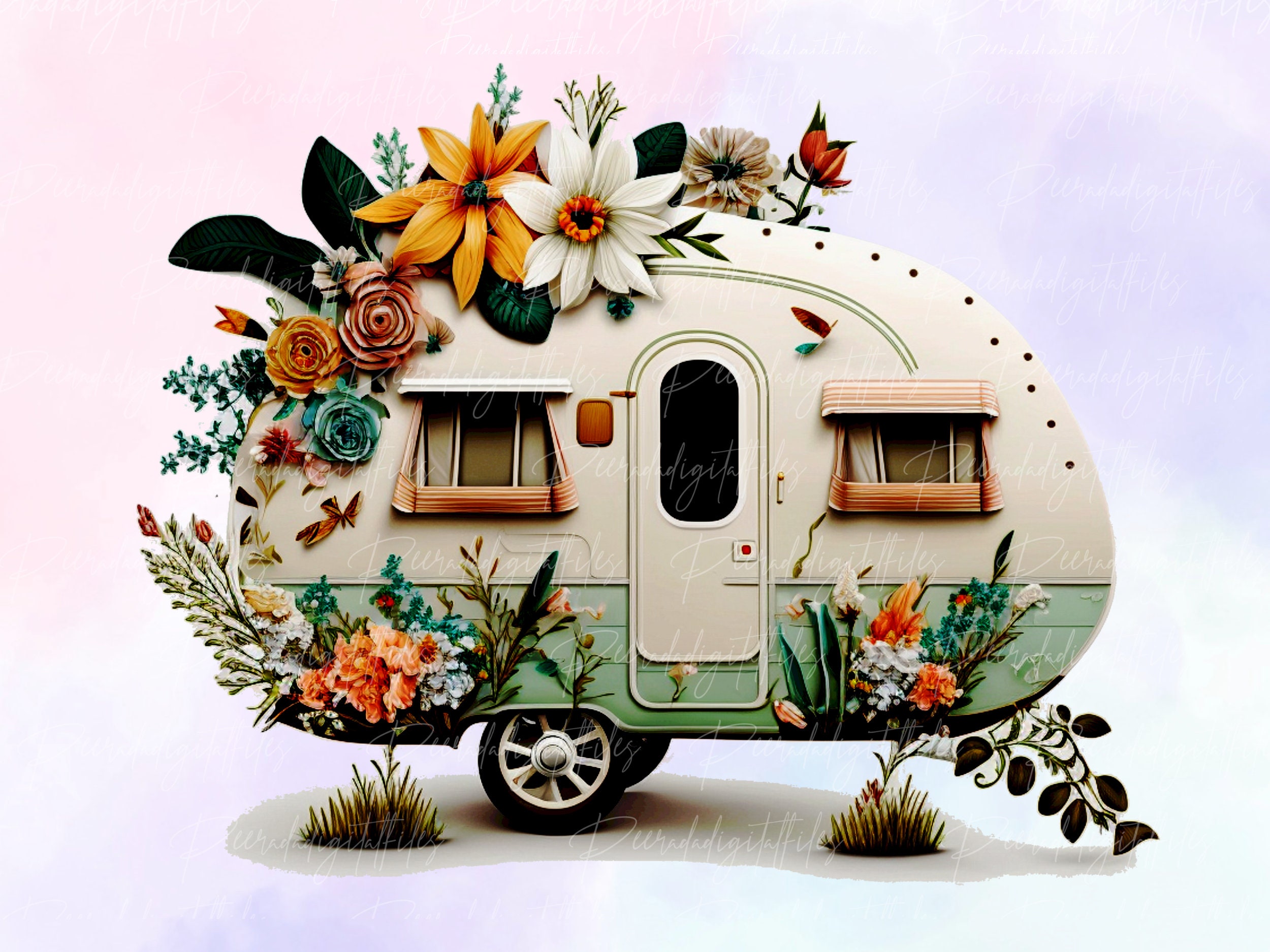Watercolor Happy Camper Clipart Flowers 4 Png Bundle, Camper ...