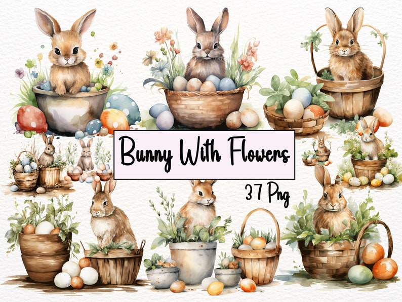 37 Watercolor Floral Bunnies Collection Clipart, PNG Nursery Spring ...