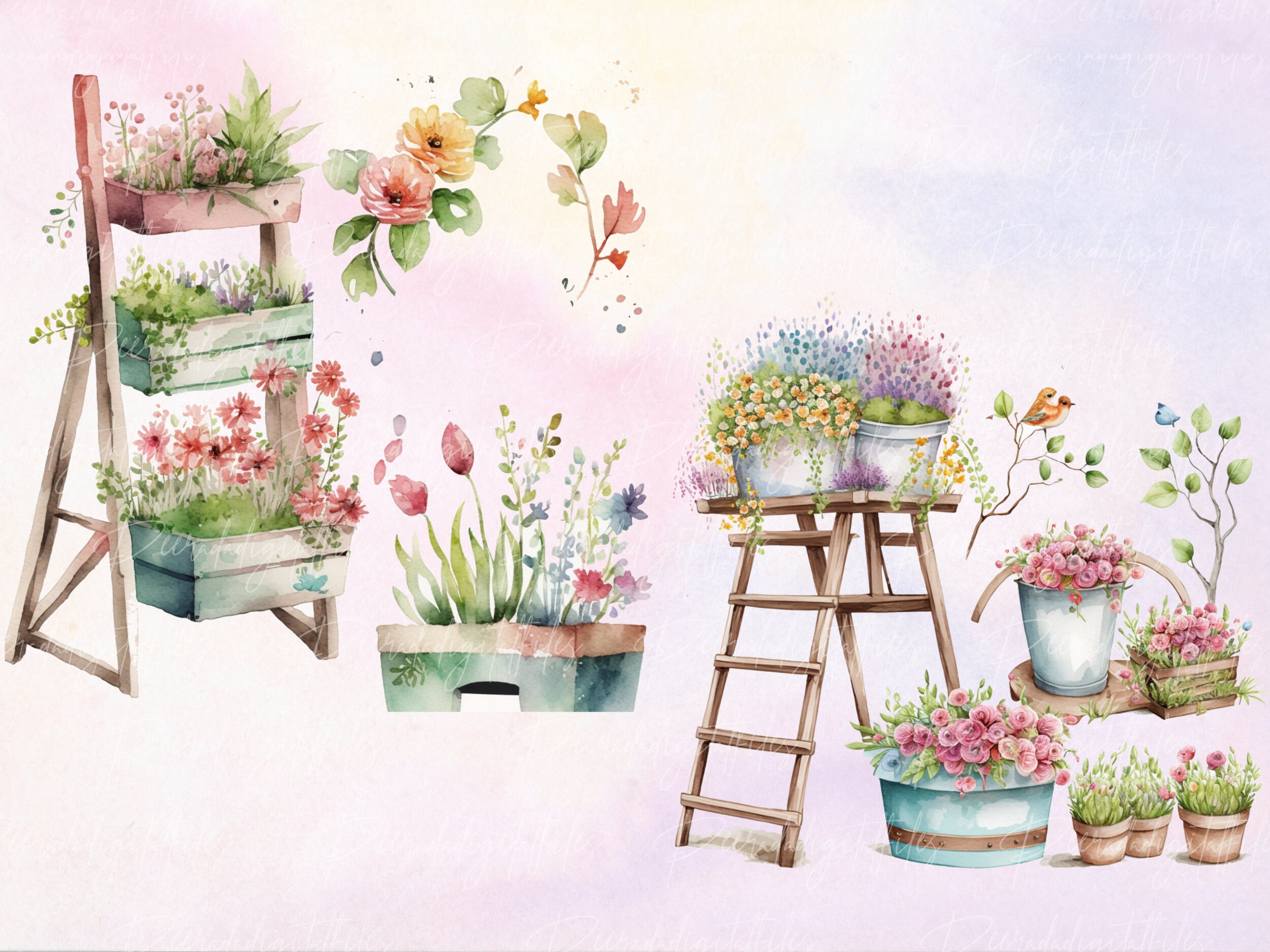 8 Watercolor Spring Planters Clipart , Springtime Cute Planter Boxes ...