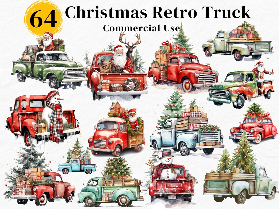 64 Christmas Retro Truck Watercolor Clipart Bundle , Watercolor Winter ...