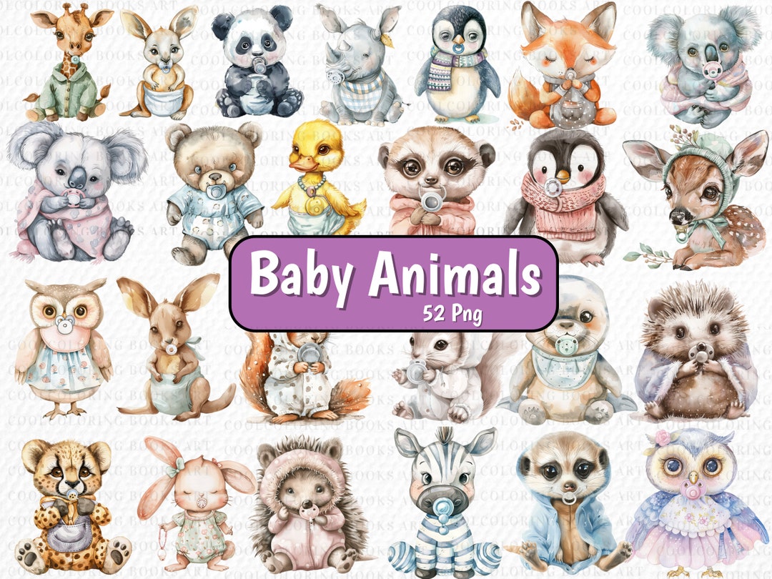 52 PNG, Watercolor Baby Animals Bundle, Cute Animal Clipart, Watercolor ...