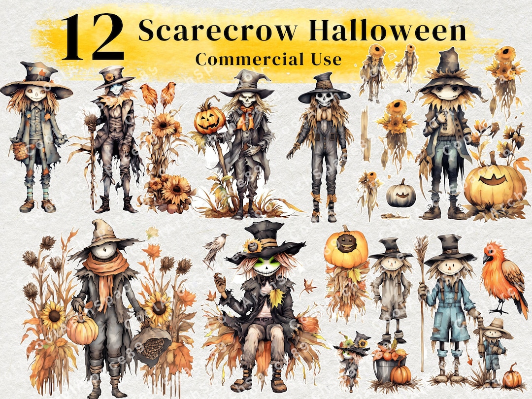 12 Watercolor Scarecrow Clipart Bundle | Halloween PNG ,digital Planner ...