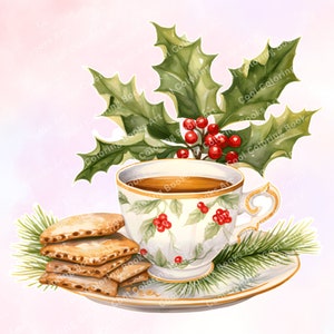 24 Christmas Tea Clipart: Watercolor Holiday Tea Cups (PNG Digital ...