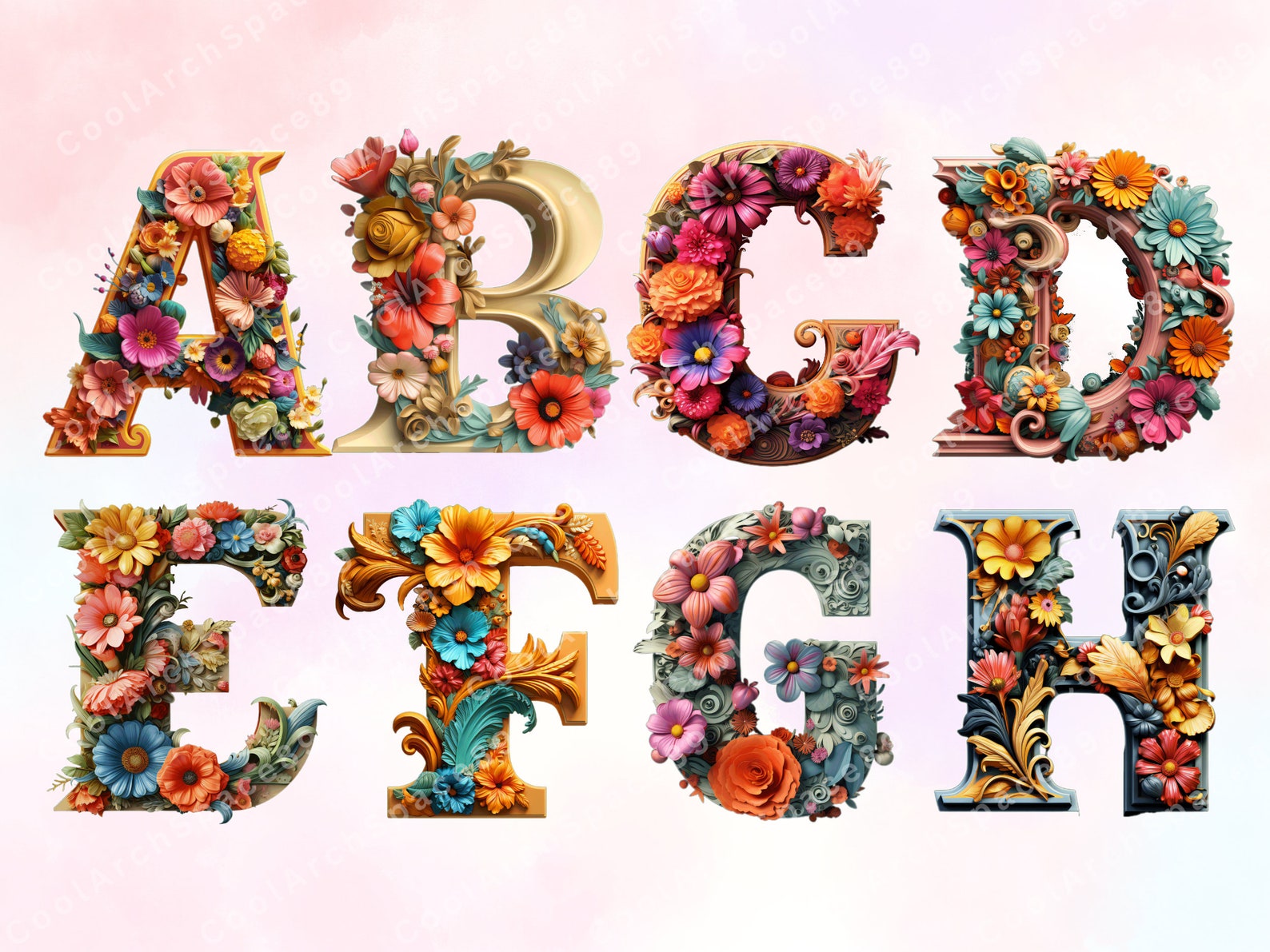 Floral Alphabet PNG: A-Z Watercolor Letter Clipart (digital Print) - Etsy