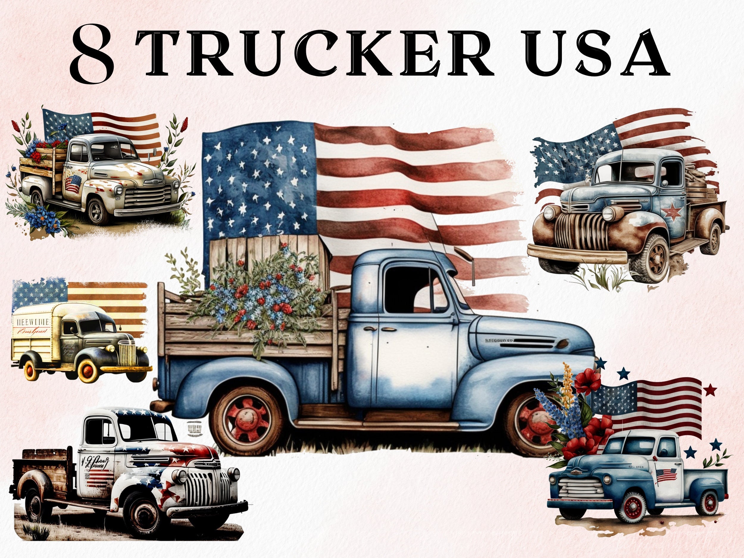 6 Trucker USA Flag Watercolor Clipart Png,trucks Boys Clipart American ...