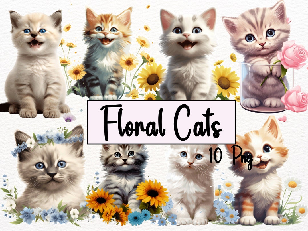 10 Cute Cats Watercolor Printable Clipart Digital Download Commercial ...