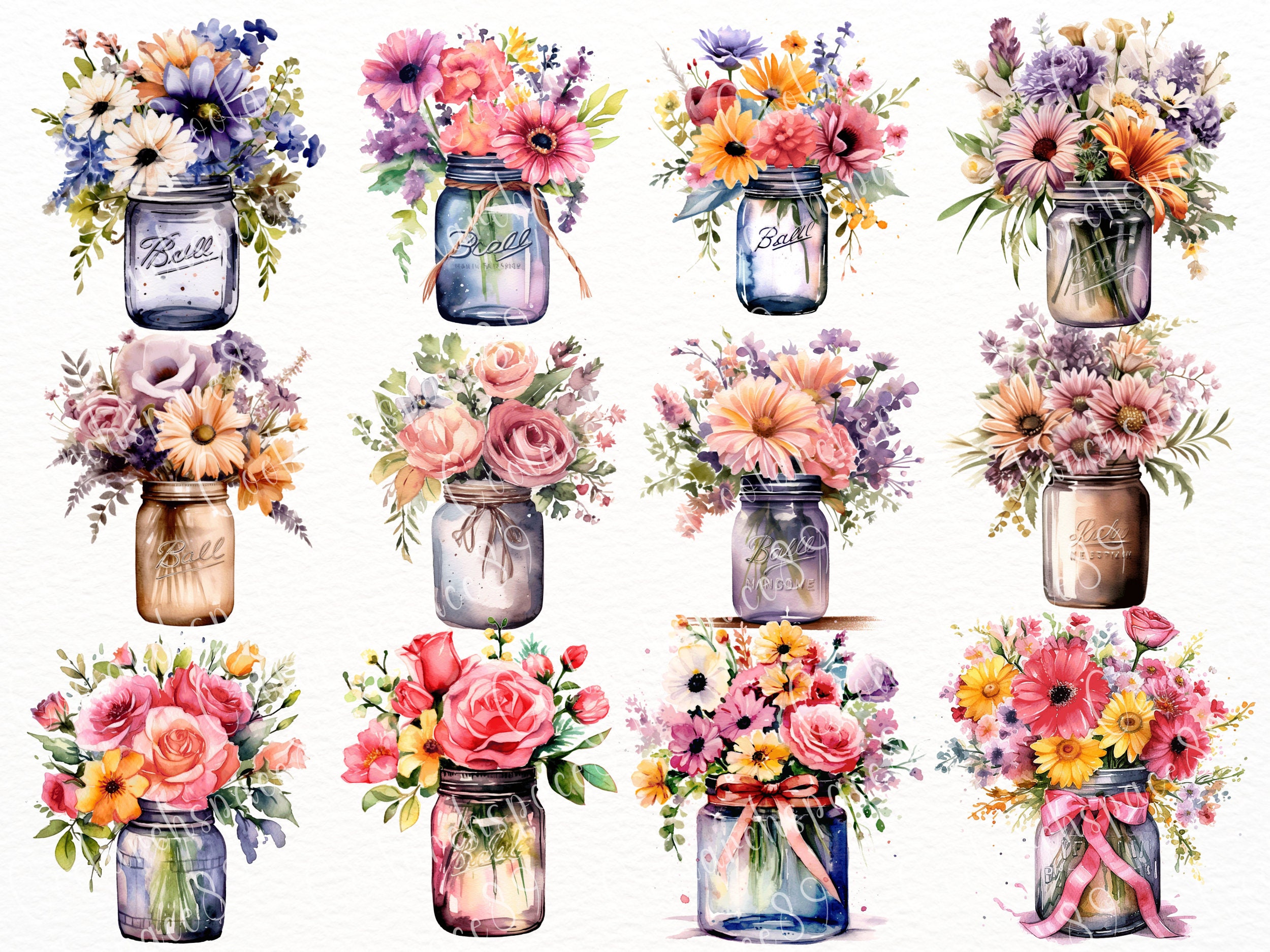 16 Mason Jar Flowers Clipart PNG Pink Watercolor Glass Vase Bouquet ...
