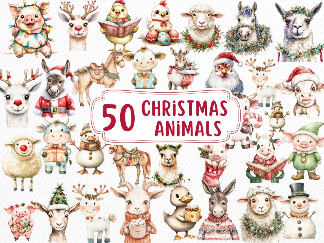 50 Festive Christmas Cute Animal Clipart Set – Watercolor Snowman ...