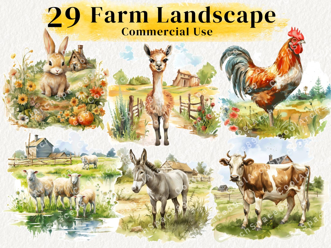 29 Watercolor Farm Landscape Cute Animals Clipart , Farmhouse Clipart ...