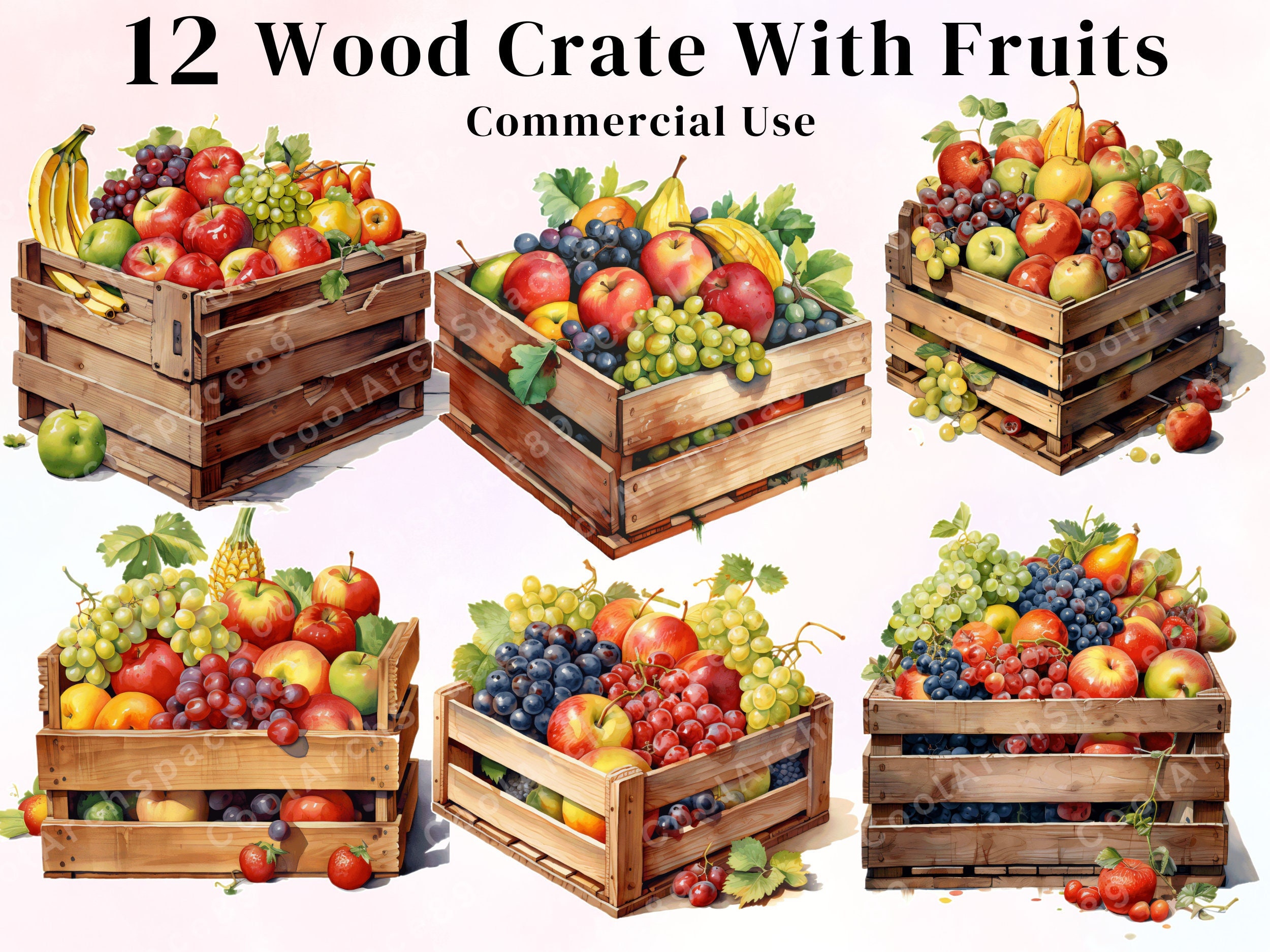 12 PNG Wood Crate With Fruits Shabby Chic Clipart Digital Watercolor ...