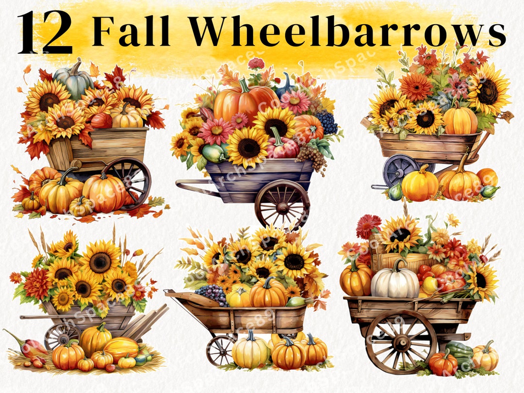 12 Watercolor Fall Wheelbarrows Bundle Clipart , Autumn Pumpkin and ...