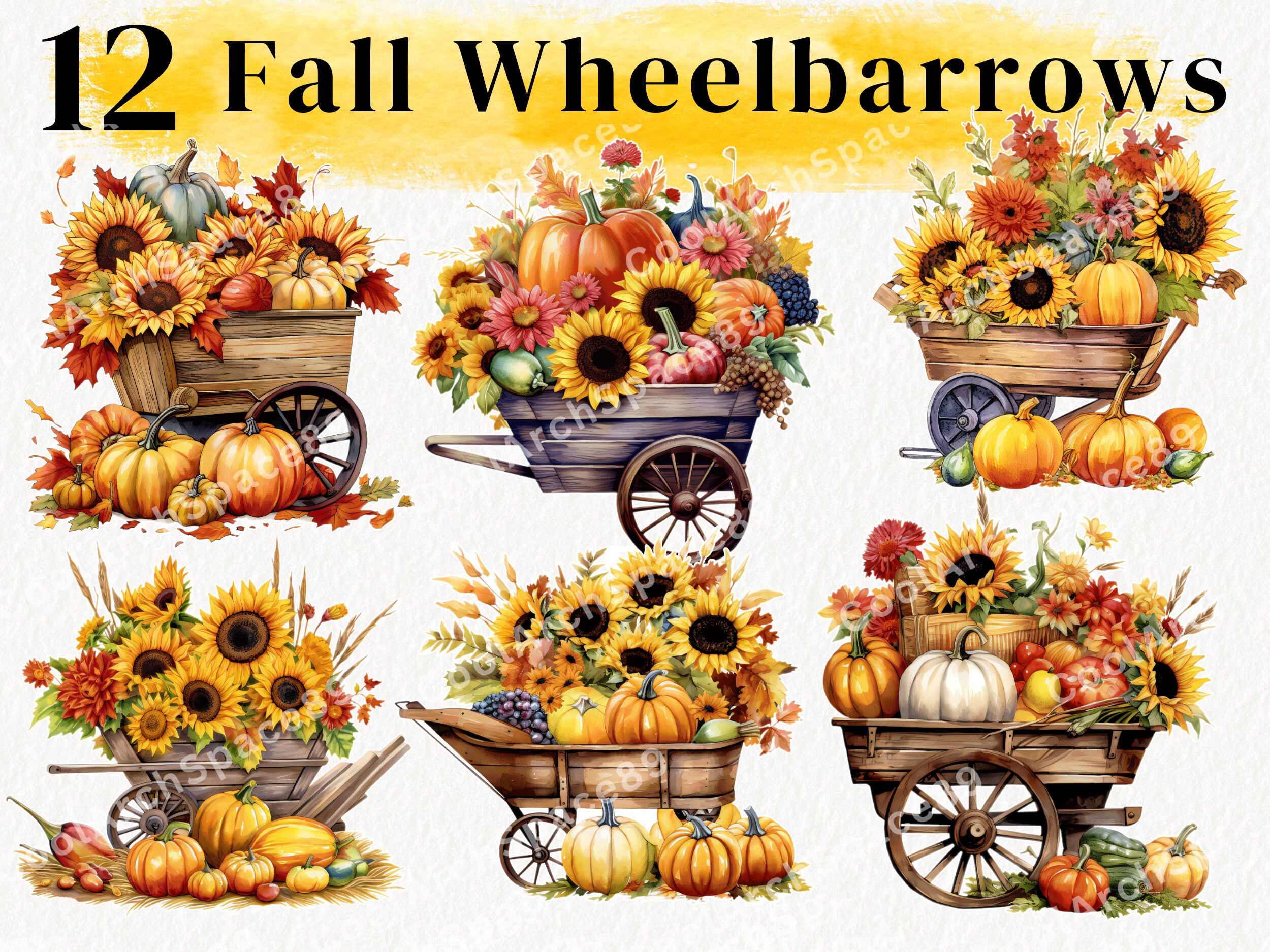 12 Watercolor Fall Wheelbarrows Bundle Clipart , Autumn Pumpkin and ...
