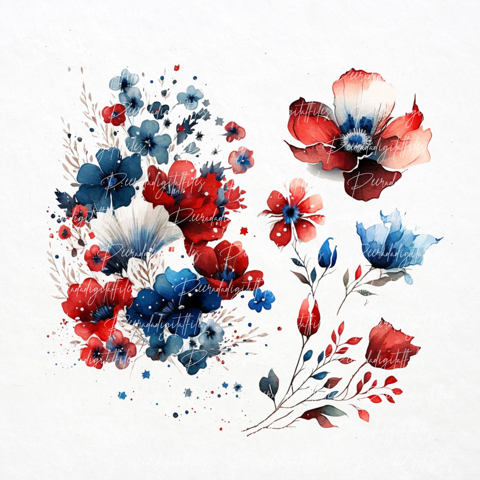 8 PNG Patriotic Watercolor Flowers, Watercolor Fowers , Flowers Clipart ...