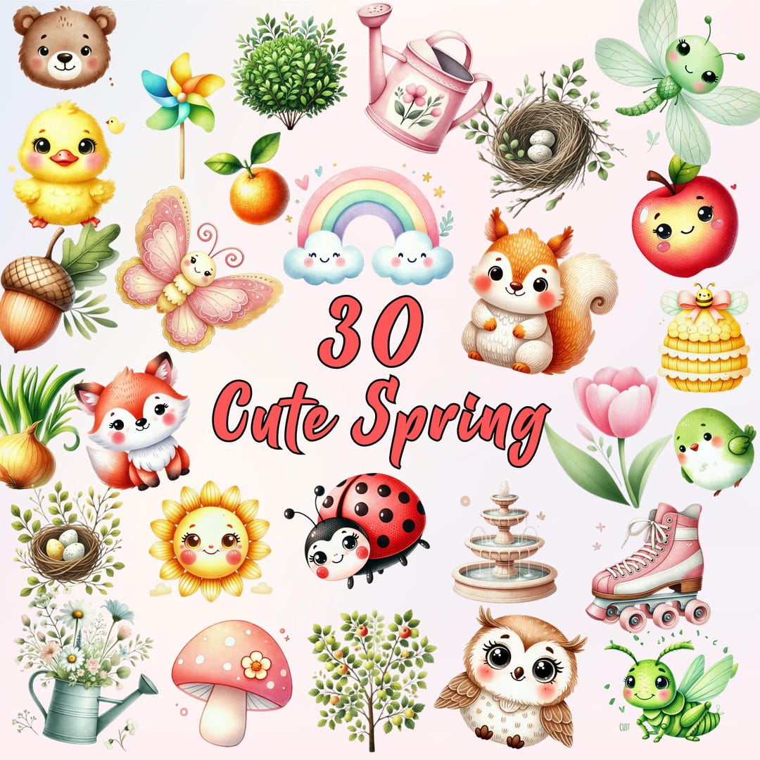 30 Spring Clipart Bundle ,cute Floral & Nature PNG , Watercolor Spring ...
