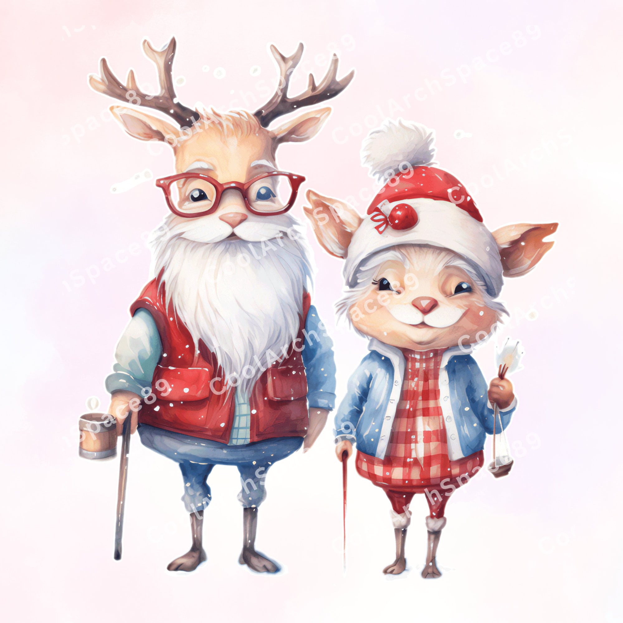 17 Santa Reindeer Watercolor PNG Bundle , Santa Claus Clipart ...