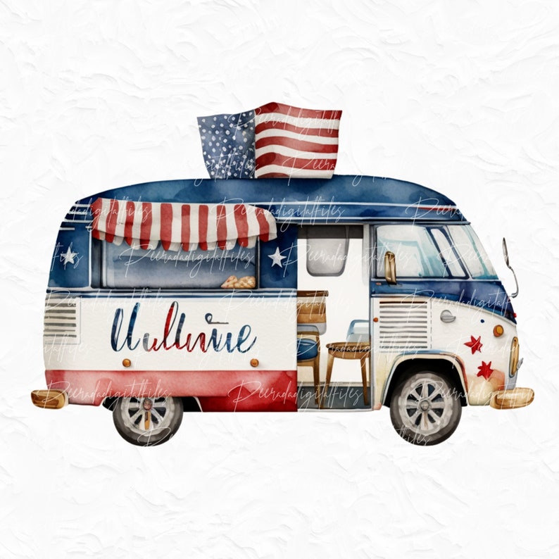 4th of July Camper Watercolor 4 PNG ,camp USA Clipart , Retro Camper ...