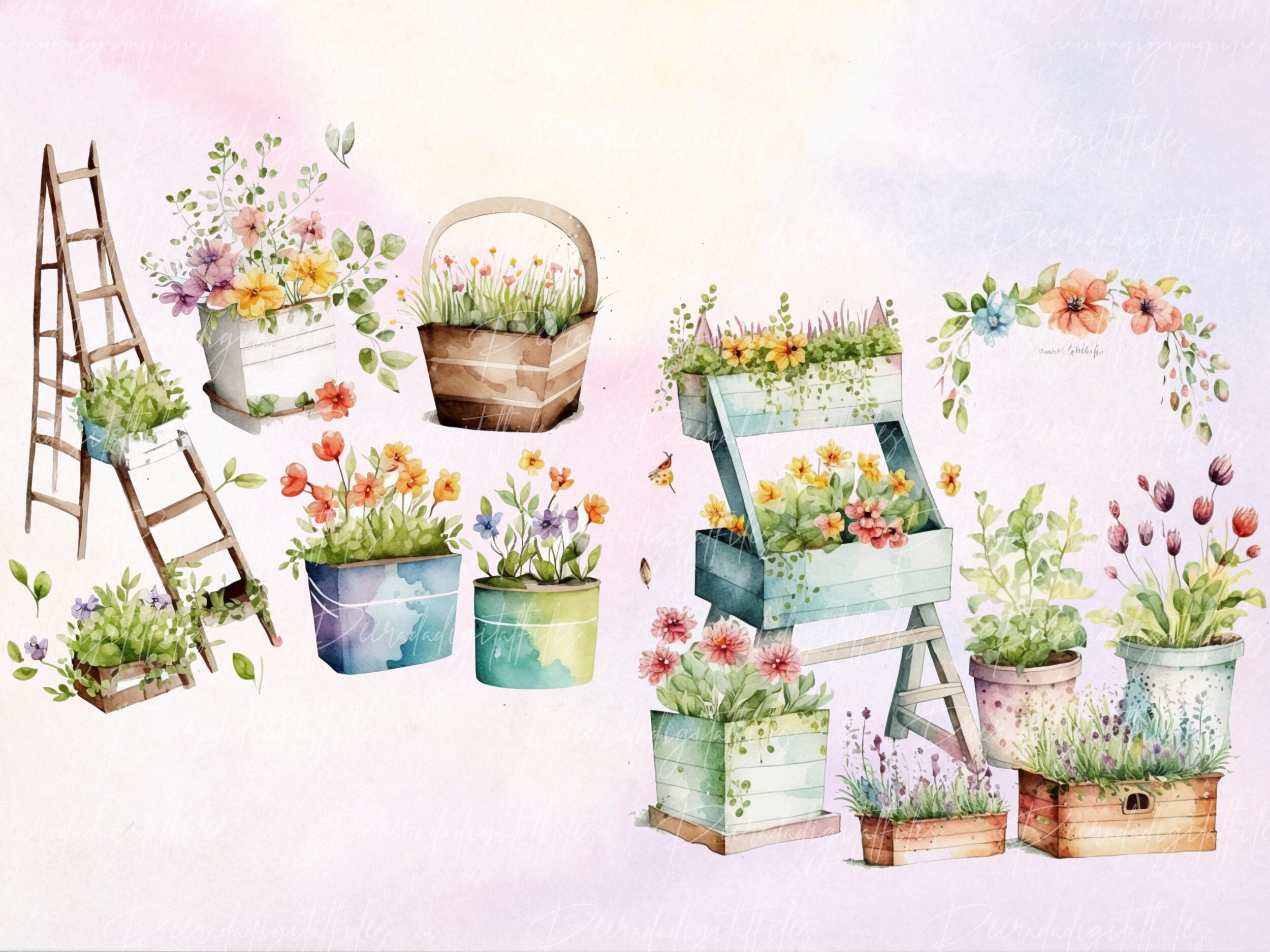8 Watercolor Spring Planters Clipart , Springtime Cute Planter Boxes ...
