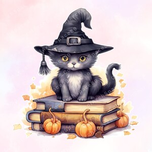 8 Halloween Black Cat Clipart, Watercolor Kitten Clipart, Halloween PNG ...