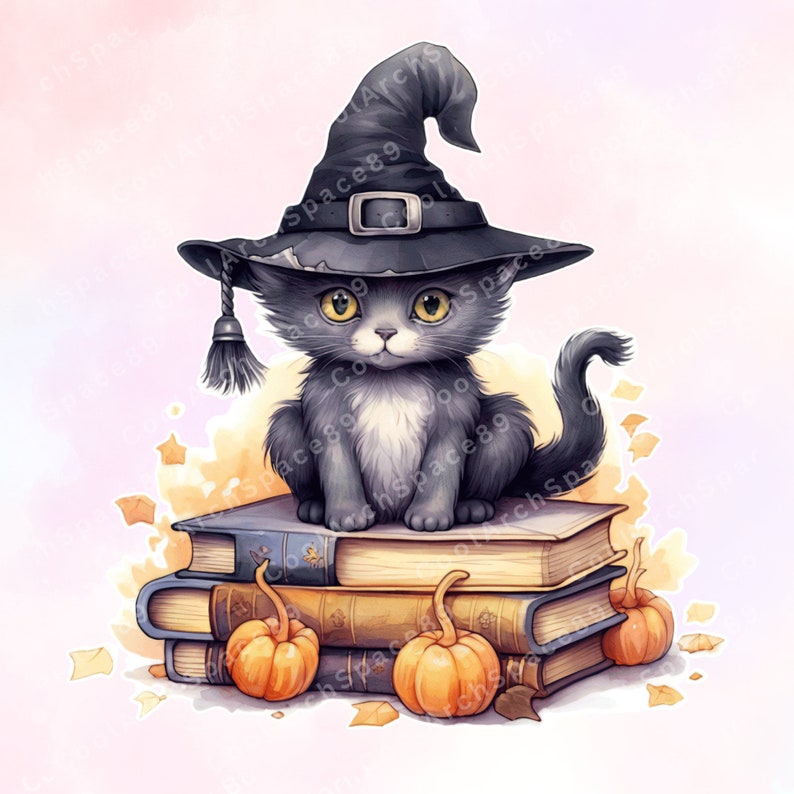 8 Halloween Black Cat Clipart, Watercolor Kitten Clipart, Halloween PNG ...
