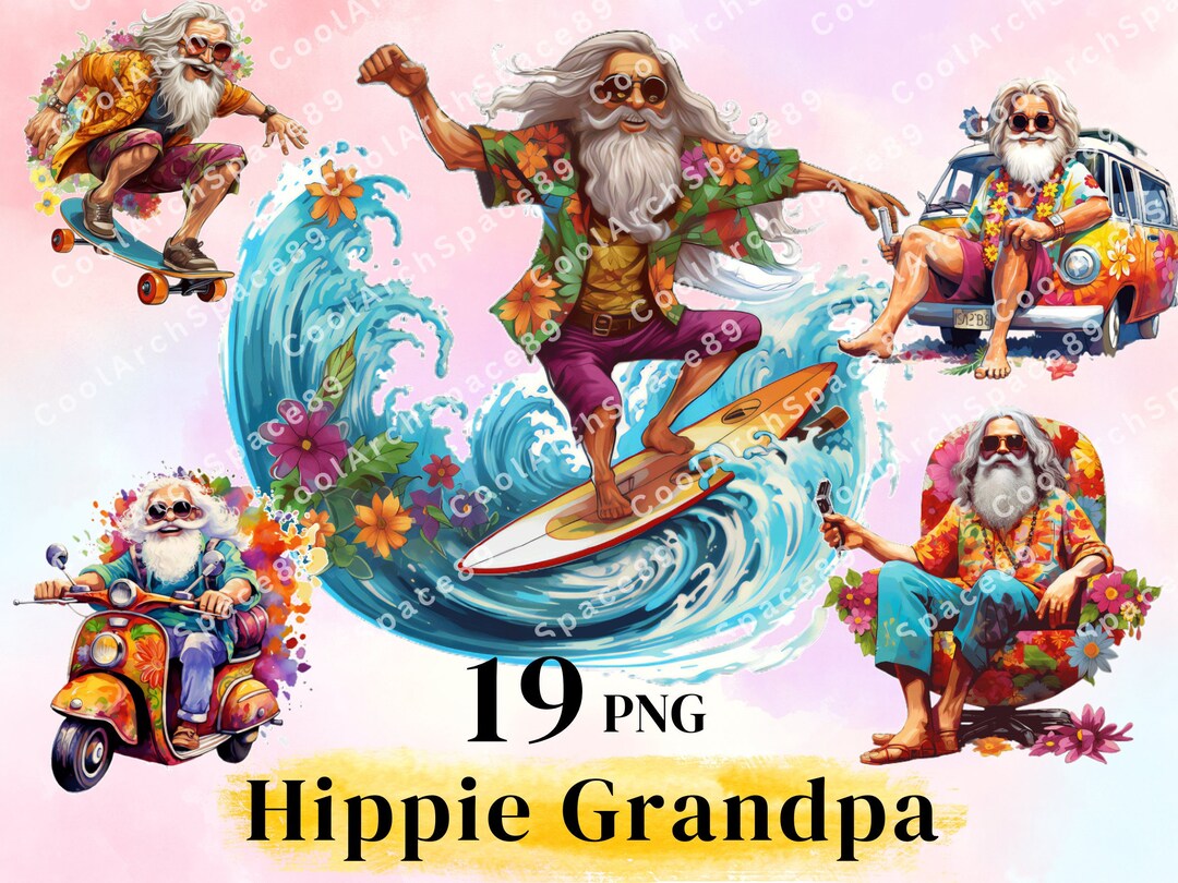 19 Hippie Grandpa Clipart PNG Bundle , Funny Grandfather Watercolor Art Clipart, Elderly PNG ...