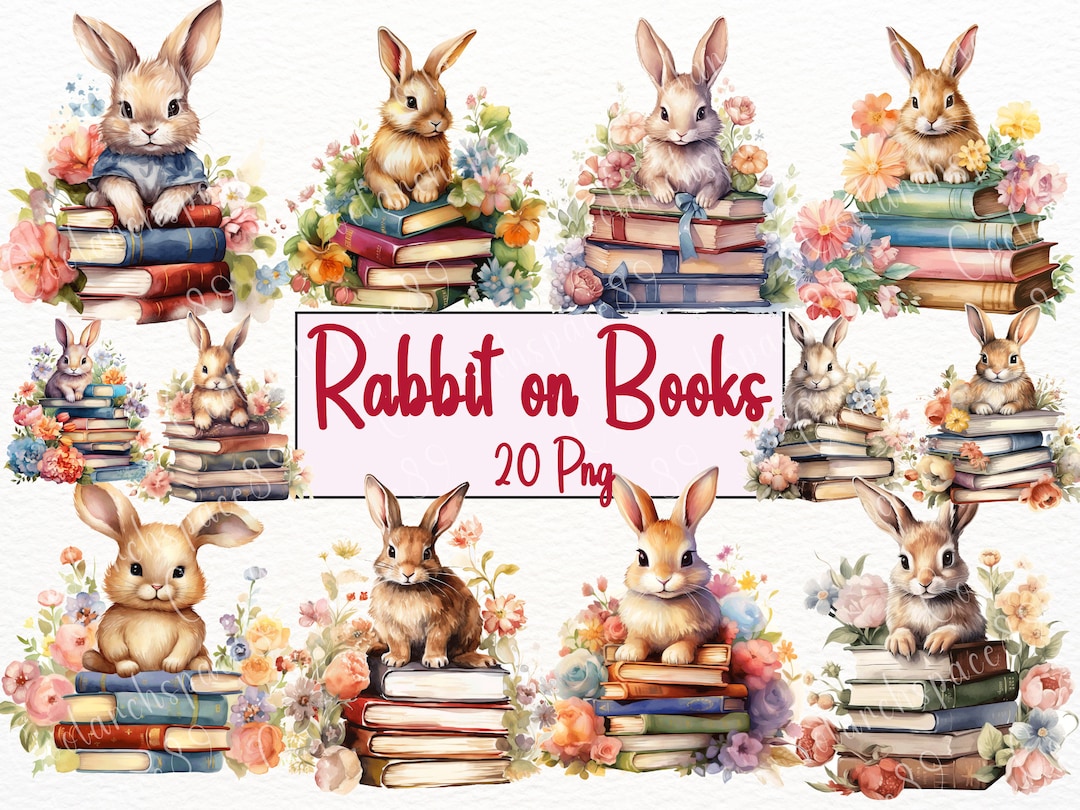 20 Rabbit Sitting on A Stack of Books Clipart, Watercolor Books, Rabbit ...