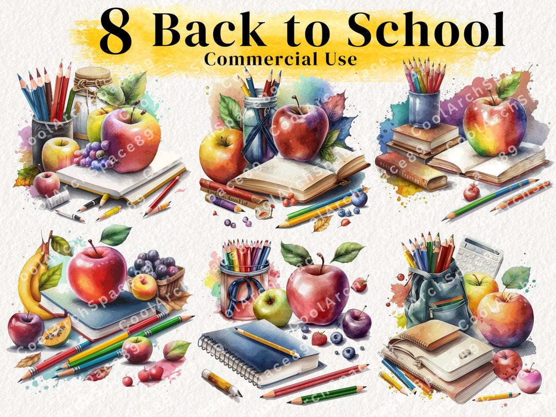 8 Watercolor Back to School Clipart Bundle , School Bus,, Pencil,png ...