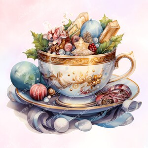 16 Watercolor Christmas Tea Clipart, Winter Holiday Tea Cups, Garden ...