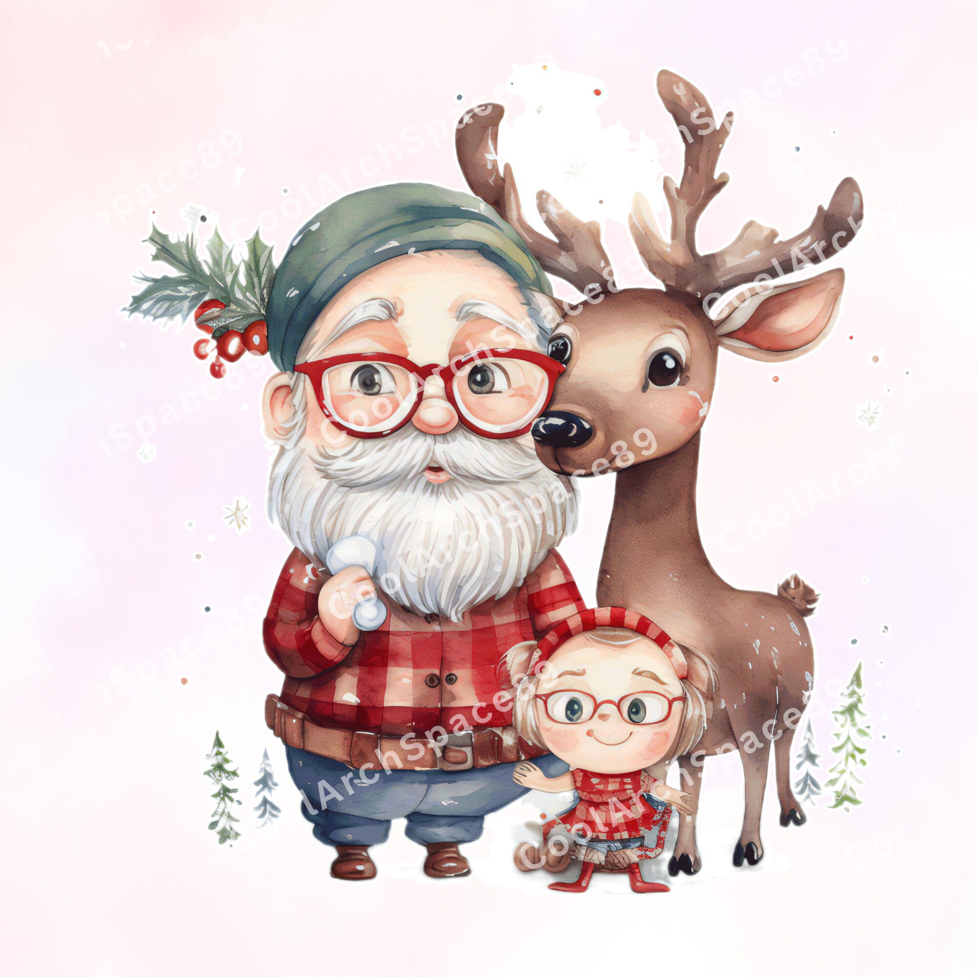 17 Santa Reindeer Watercolor PNG Bundle , Santa Claus Clipart ...