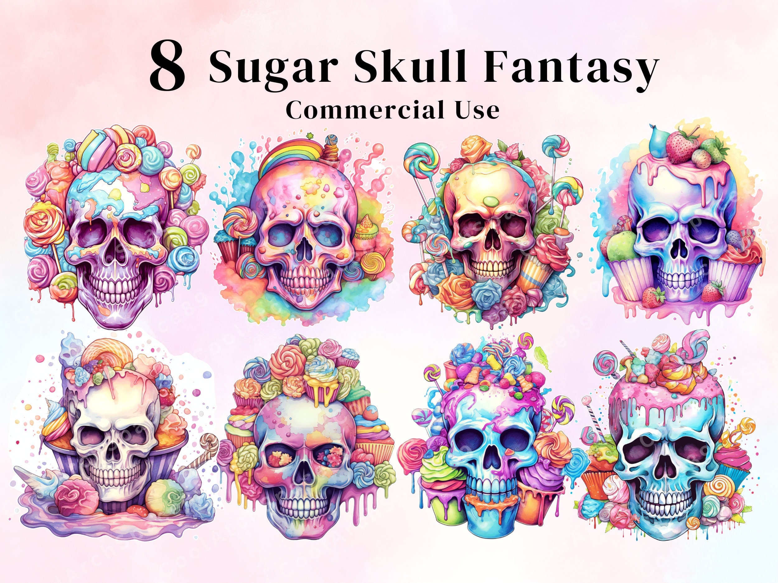 8 Sugar Skull Fantasy Clipart Watercolor Clipart Halloween - Etsy