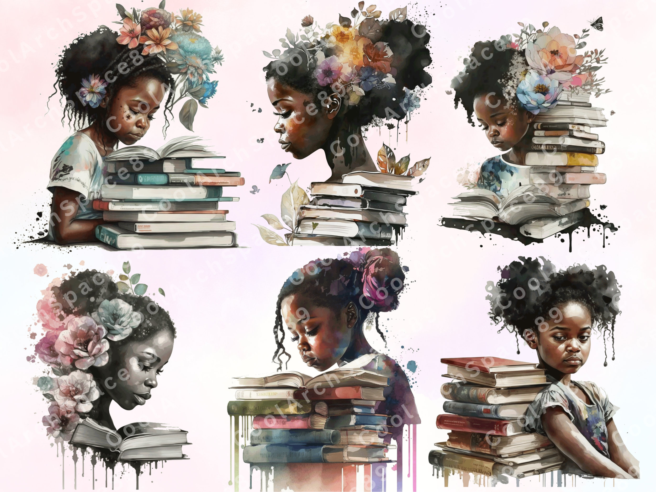 25 Watercolour Black Girl Reading Clipart, Girl Studying Clipart, Book ...