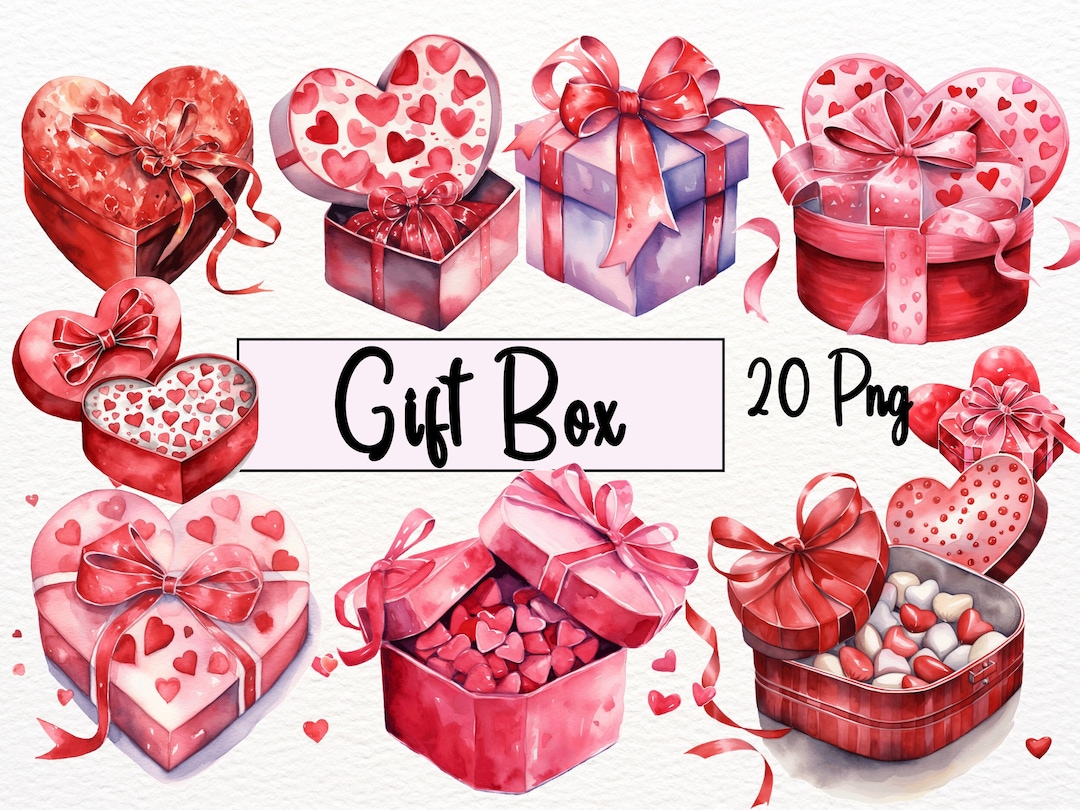 20 PNG Watercolor Valentine's Day Gifts Clipart, Heart Box Valentines ...
