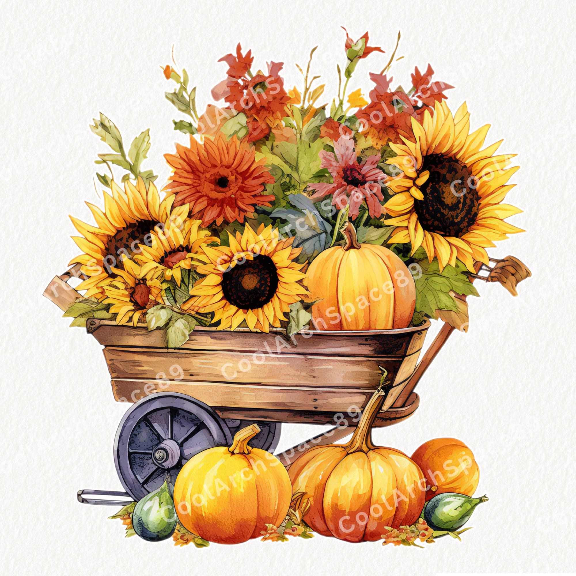 12 Watercolor Fall Wheelbarrows Bundle Clipart , Autumn Pumpkin and ...
