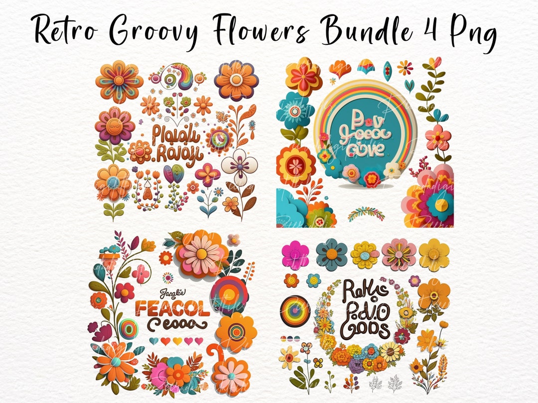 Retro Clipart 4 Png Bundle , Groovy Flowers PNG , Groovy Clipart ...