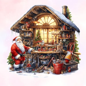 14 Santa's Workshop Clipart Bundle PNG, Watercolor Winter Christmas ...