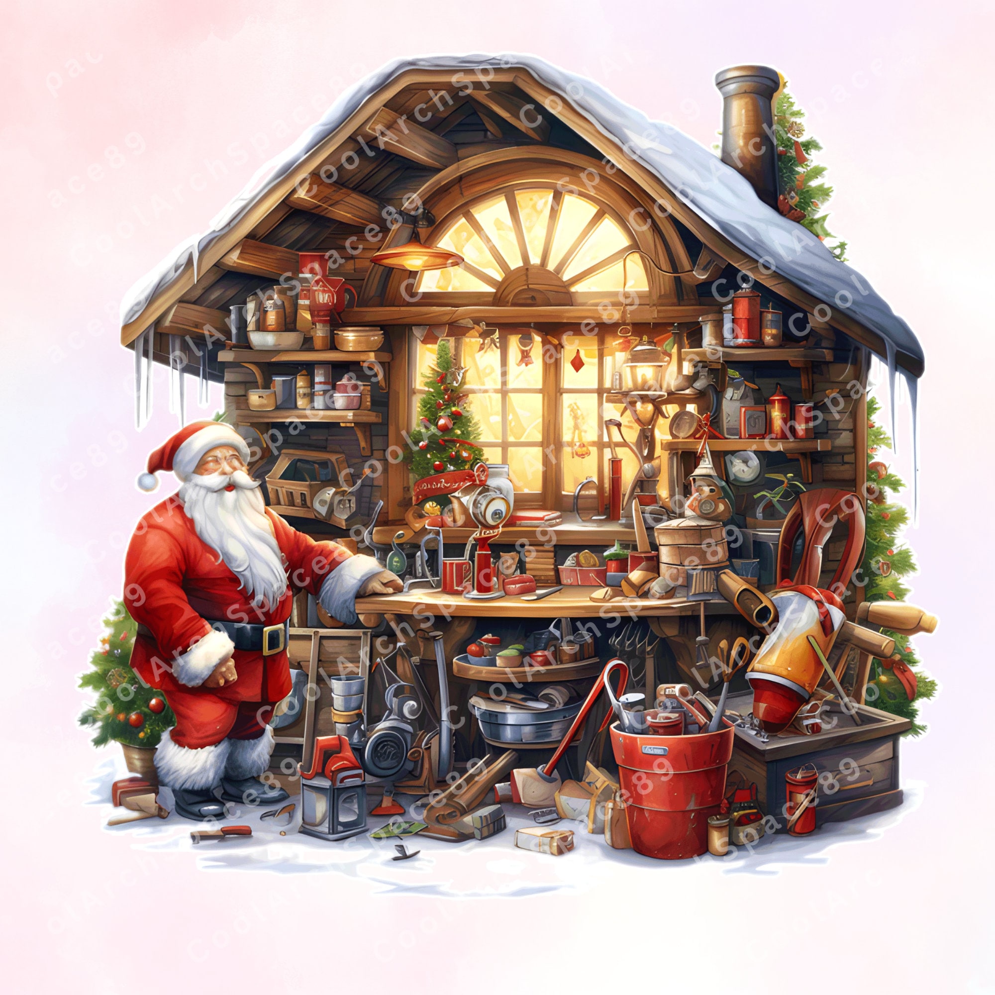 14 Santa's Workshop Clipart Bundle PNG, Watercolor Winter Christmas ...