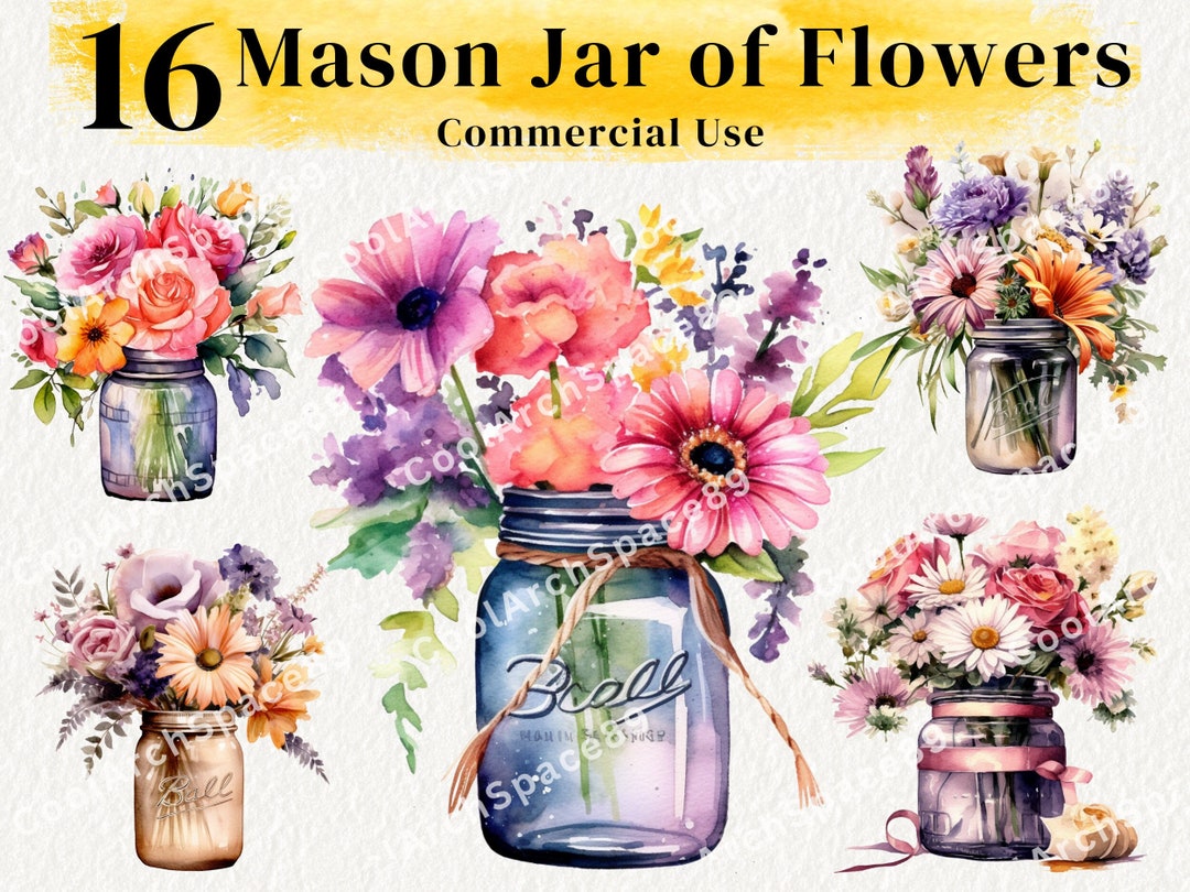 16 Mason Jar Flowers Clipart PNG Pink Watercolor Glass Vase - Etsy