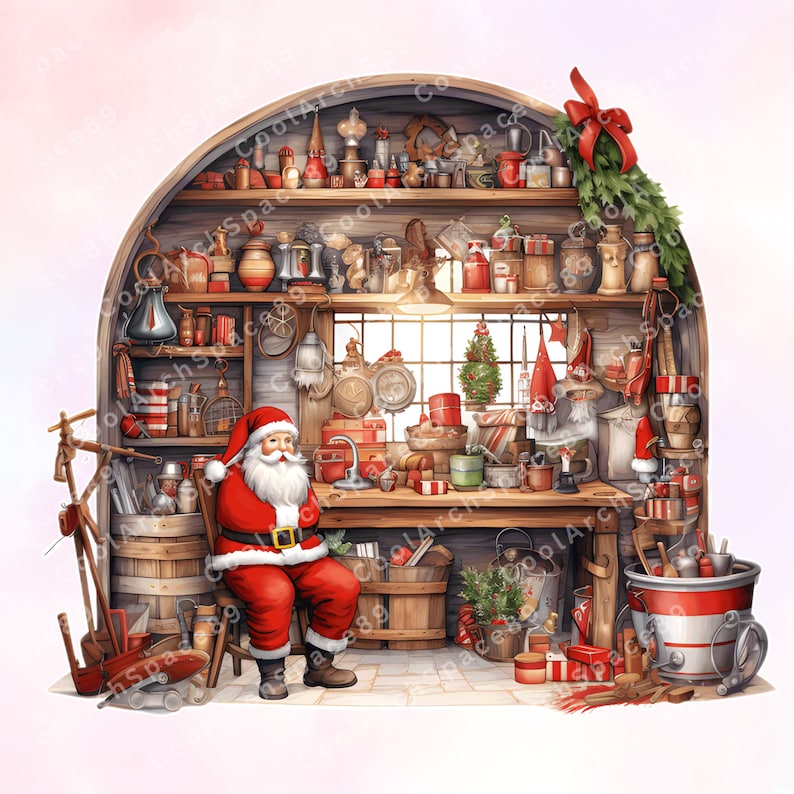 14 Santa's Workshop Clipart Bundle PNG, Watercolor Winter Christmas ...