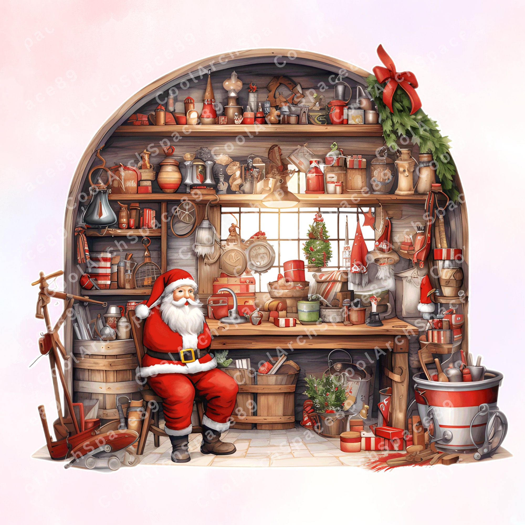 14 Santa's Workshop Clipart Bundle PNG, Watercolor Winter Christmas ...