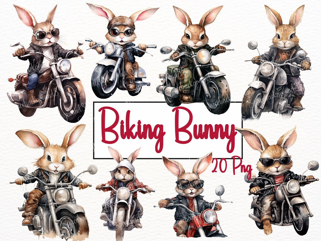 20 Watercolor Bunnies on Bikes Clipart PNG, Biking Bunny Watercolor ...