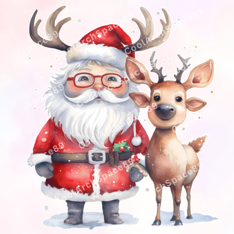 17 Santa Reindeer Watercolor PNG Bundle , Santa Claus Clipart ...