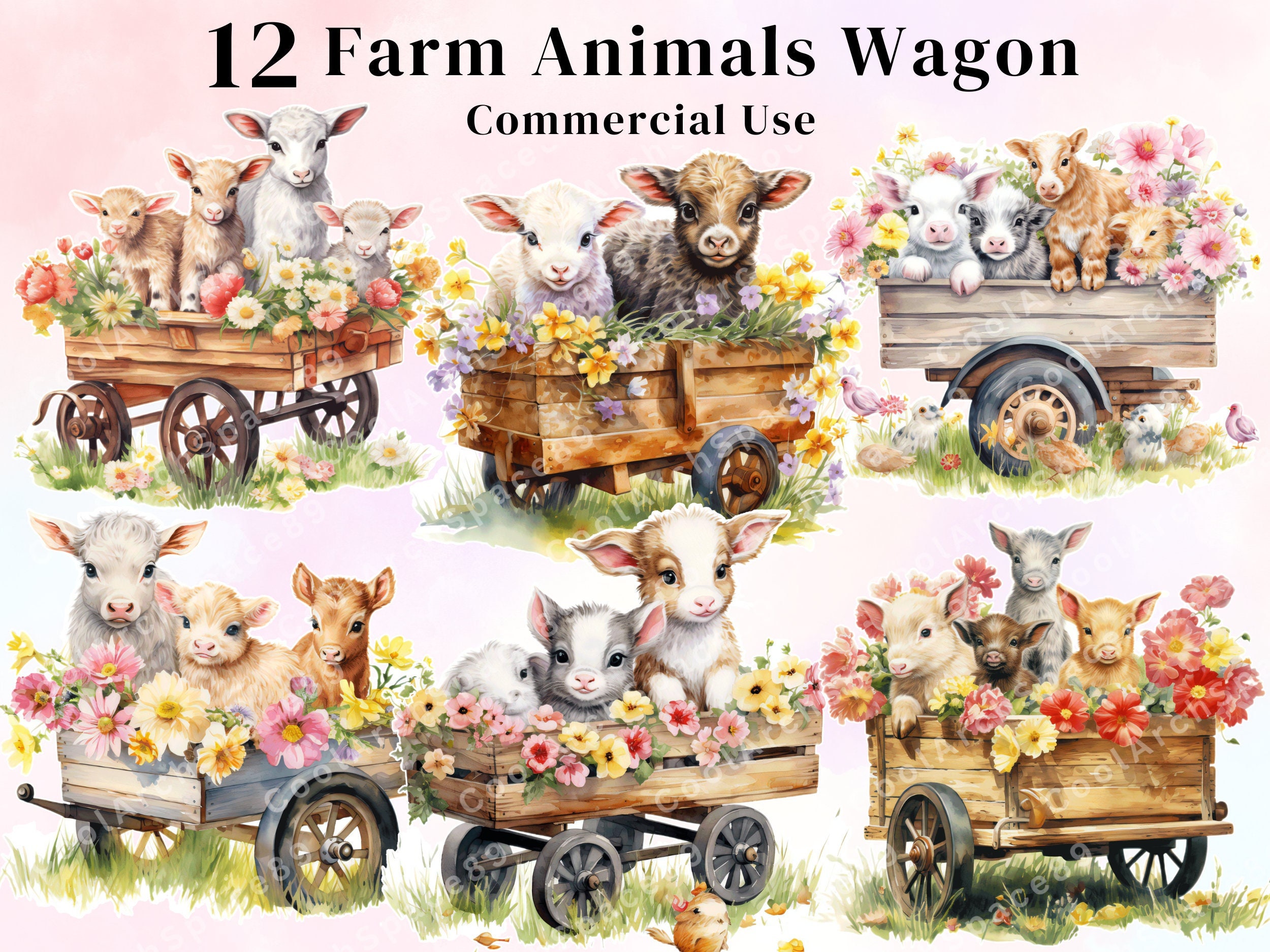 12 Farm Animals Wagon Png Sublimation Design Download, Cute Farm ...
