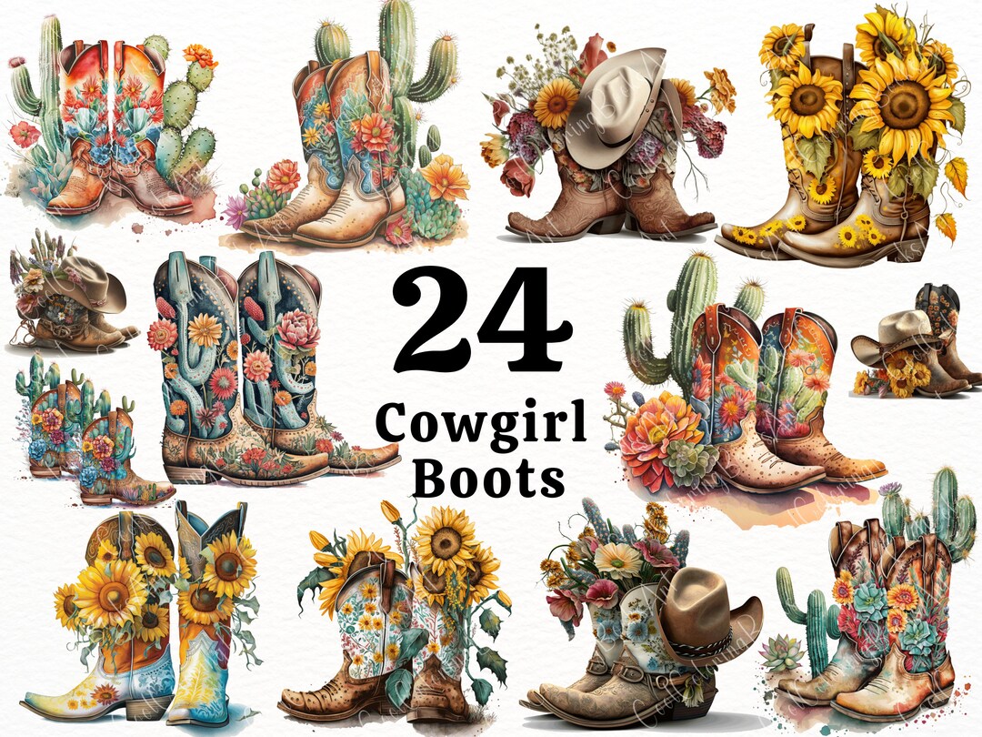 24 Cowgirl Boots , Sunflowers Boot Bundle , Watercolor Cowboy Boots ...