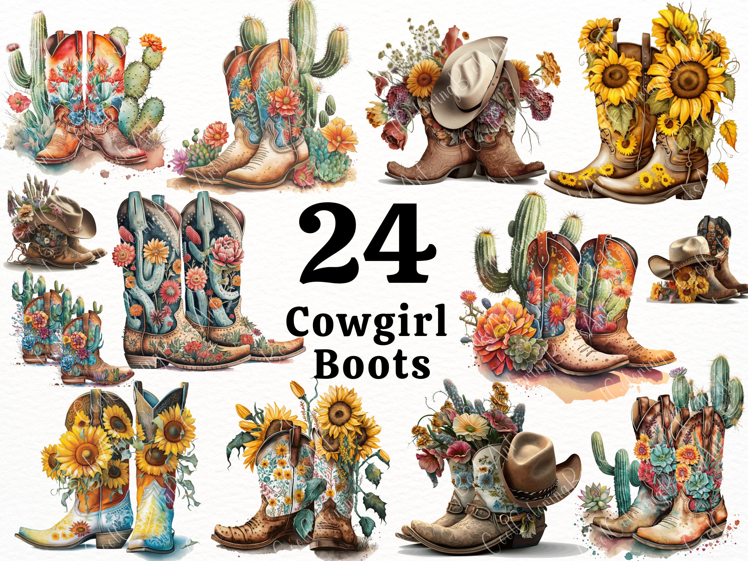 Watercolor Cowgirl Boots Clipart: Sunflower Boot Bundle (digital ...