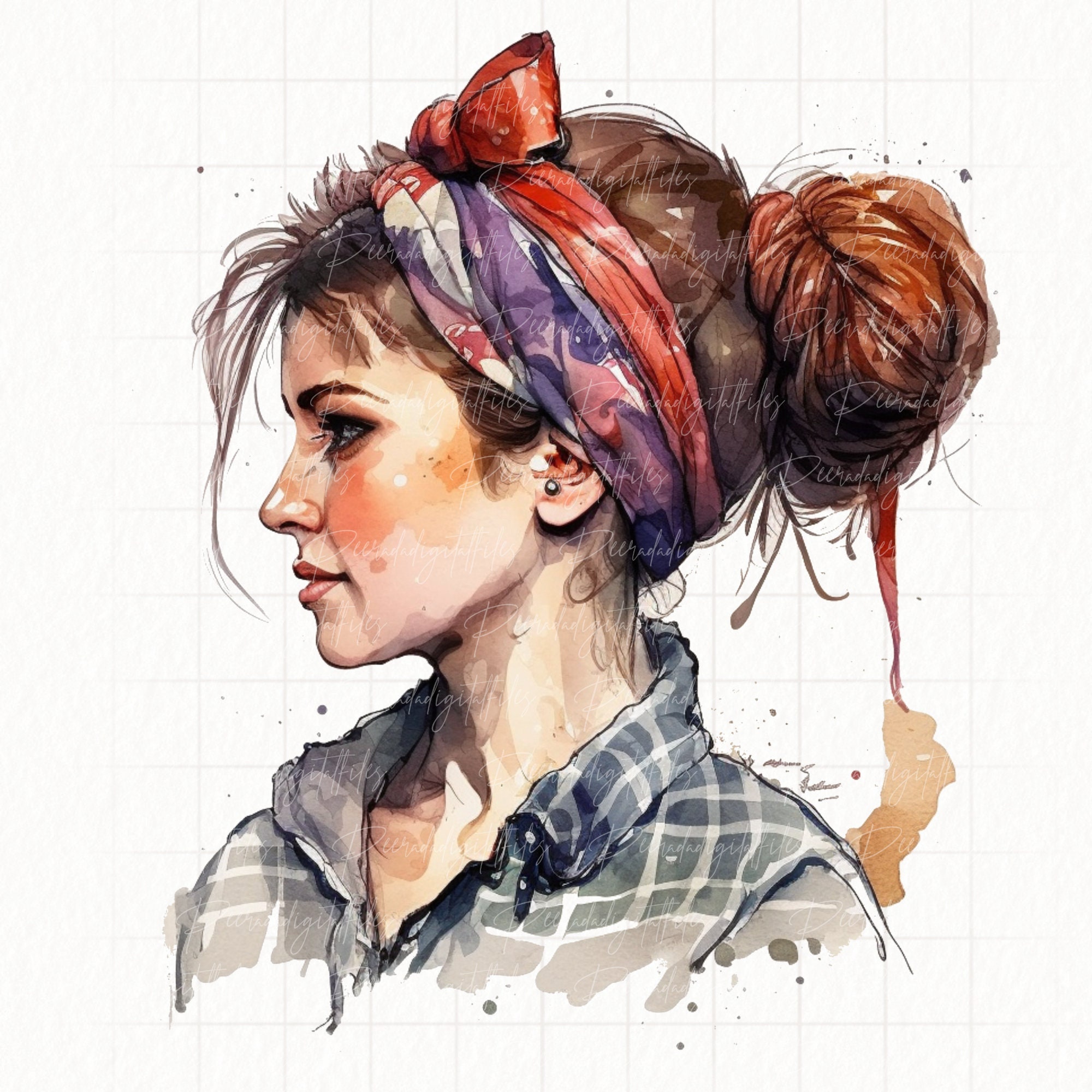 8 Girl Messy Bun Clipart PNG Watercolor Woman Sublimation Digital ...