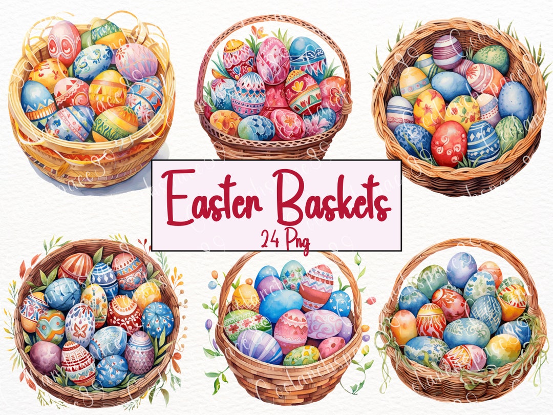 24 Watercolor Easter Baskets Clipart Png ,floral Egg Baskets , Instant ...
