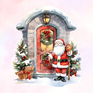 12 Watercolor Christmas Santa Door Clipart PNG Card Making Xmas Scene ...