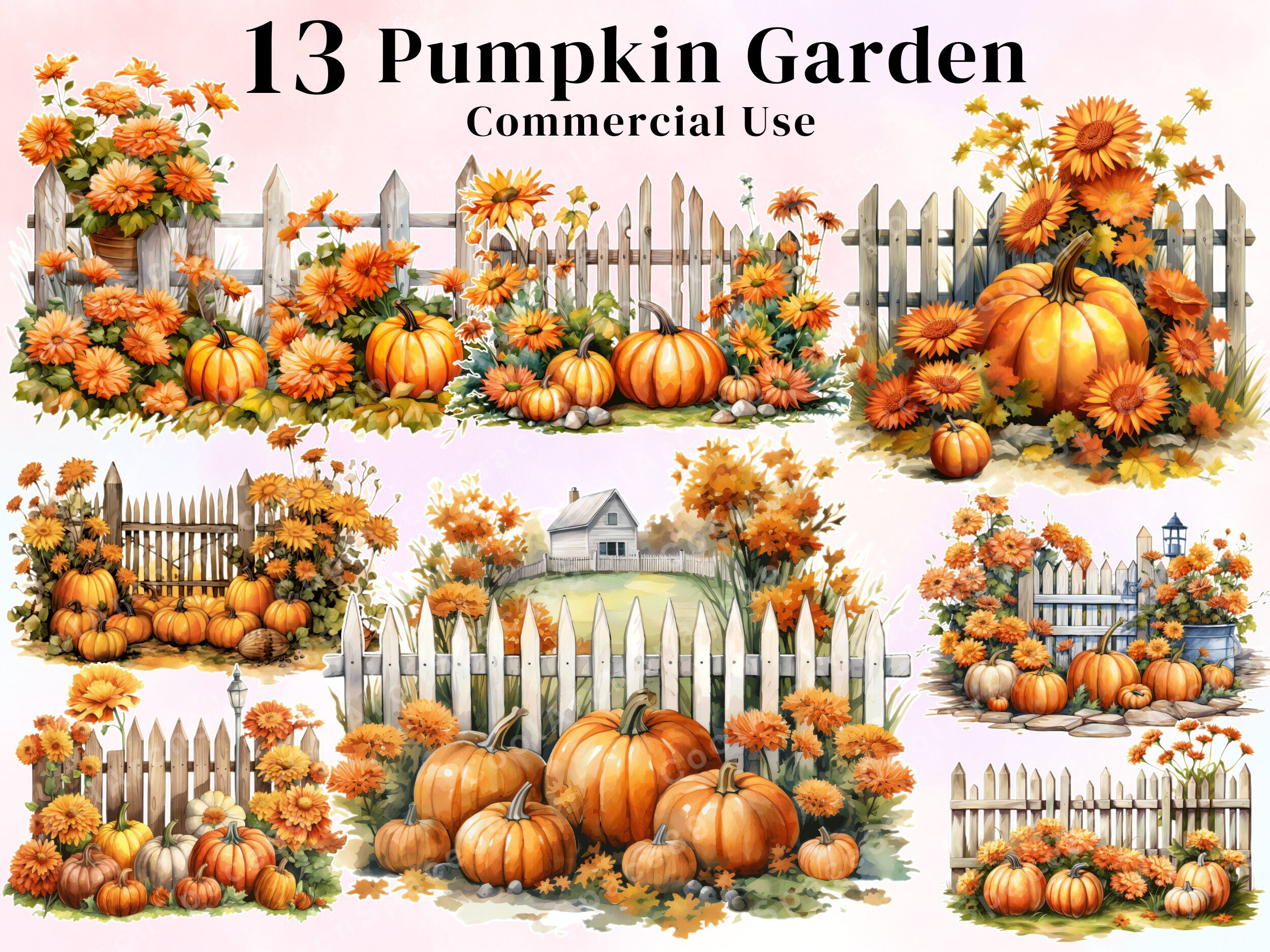 13 Watercolor Pumpkin Garden Clipart Bundle Fall Scences - Etsy