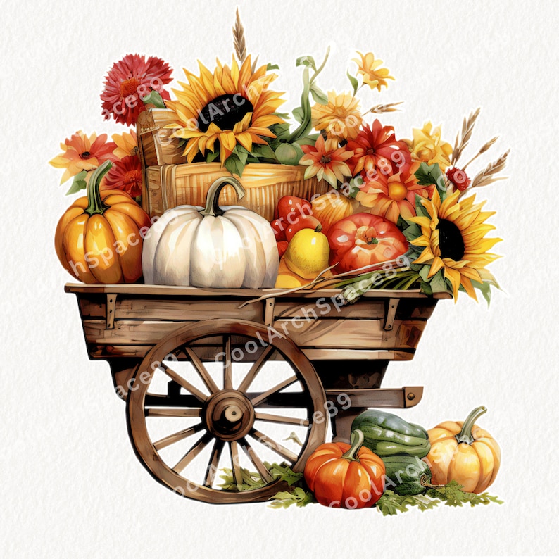 12 Watercolor Fall Wheelbarrows Bundle Clipart , Autumn Pumpkin and ...