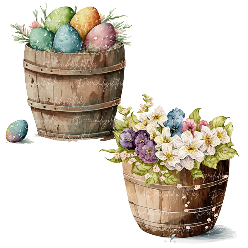 8 Png Watercolor Floral Easter Baskets, Watercolor Eggs, Watercolor ...