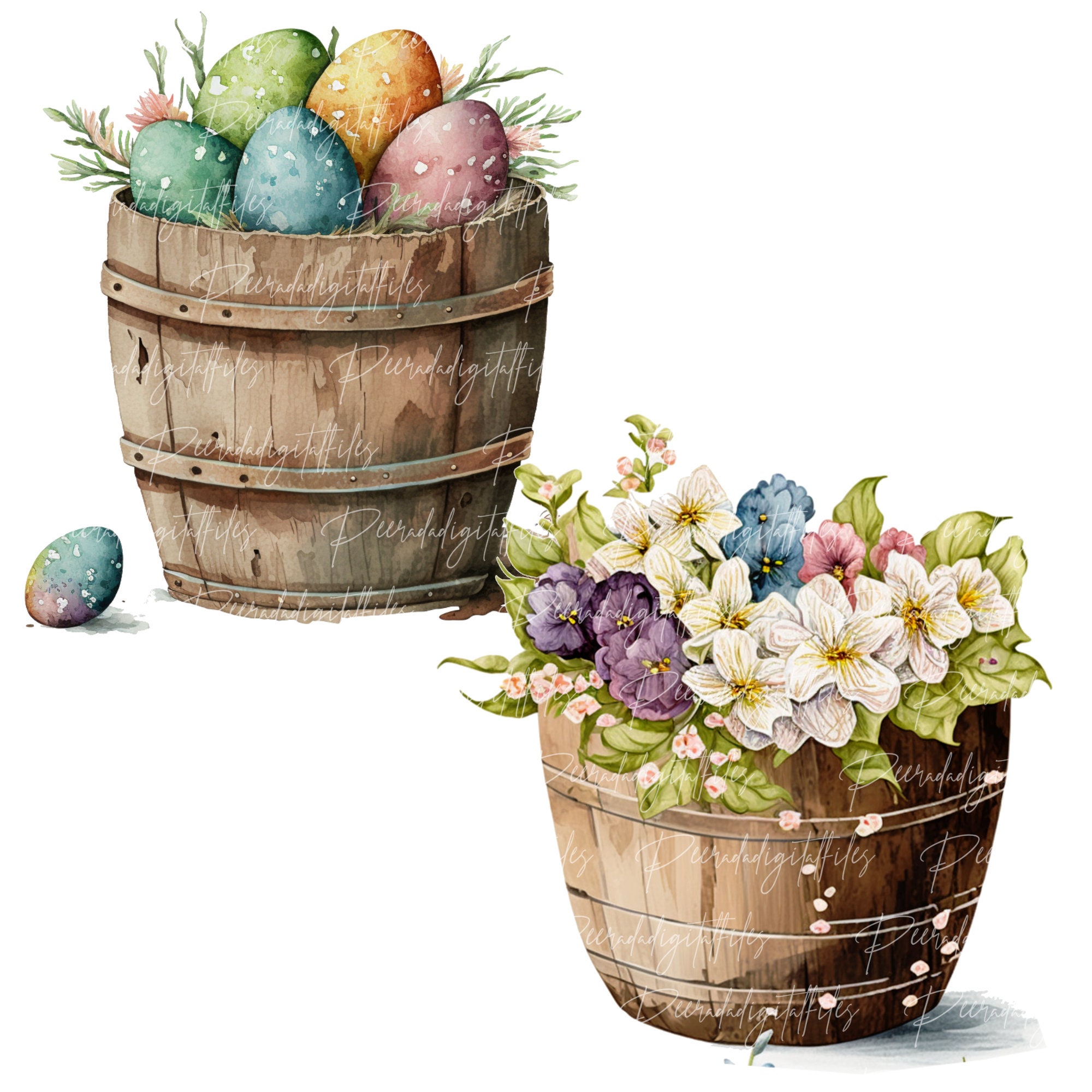 8 Png Watercolor Floral Easter Baskets, Watercolor Eggs, Watercolor ...